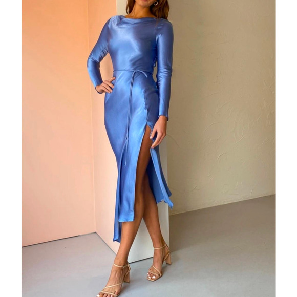 Bec & Bridge | Dresses | Bec Bridge Delpnine Blue Long Sleeve Satin ...